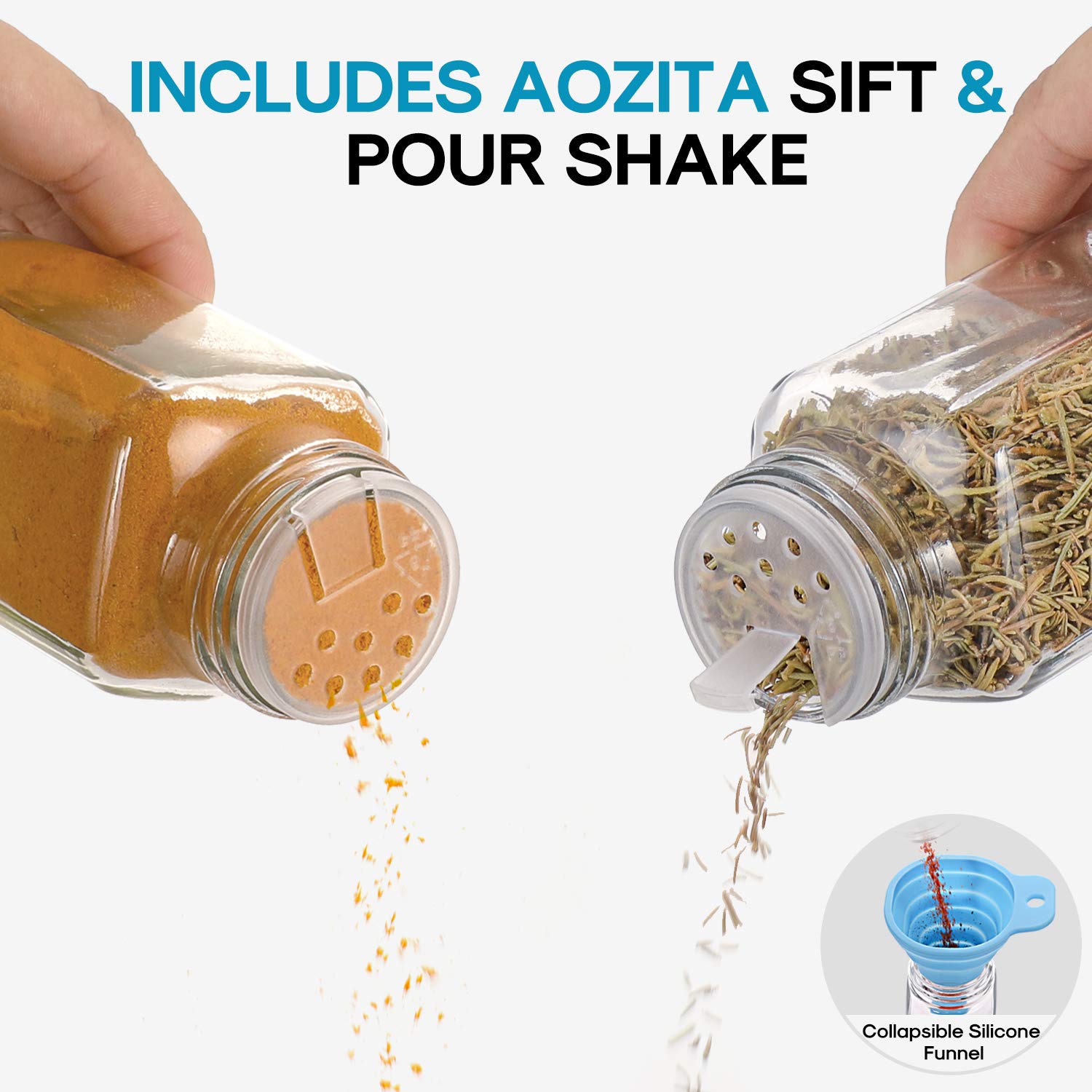 AOZITA 48 Pcs Glass Spice Jars/Bottles - 4oz Empty Square Spice Containers with Spice Labels - Shaker Lids and Airtight Metal Caps - Silicone Collapsible Funnel Included