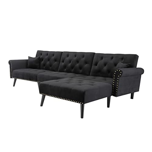 YUNLife&Home Velvet Convertible Sleeper Sofa Bed, Reversible Sectional L-Shaped Couch with 2 Pillows and Right Chaise Lounge for Living Room Apartment Office Studio Furniture Sets