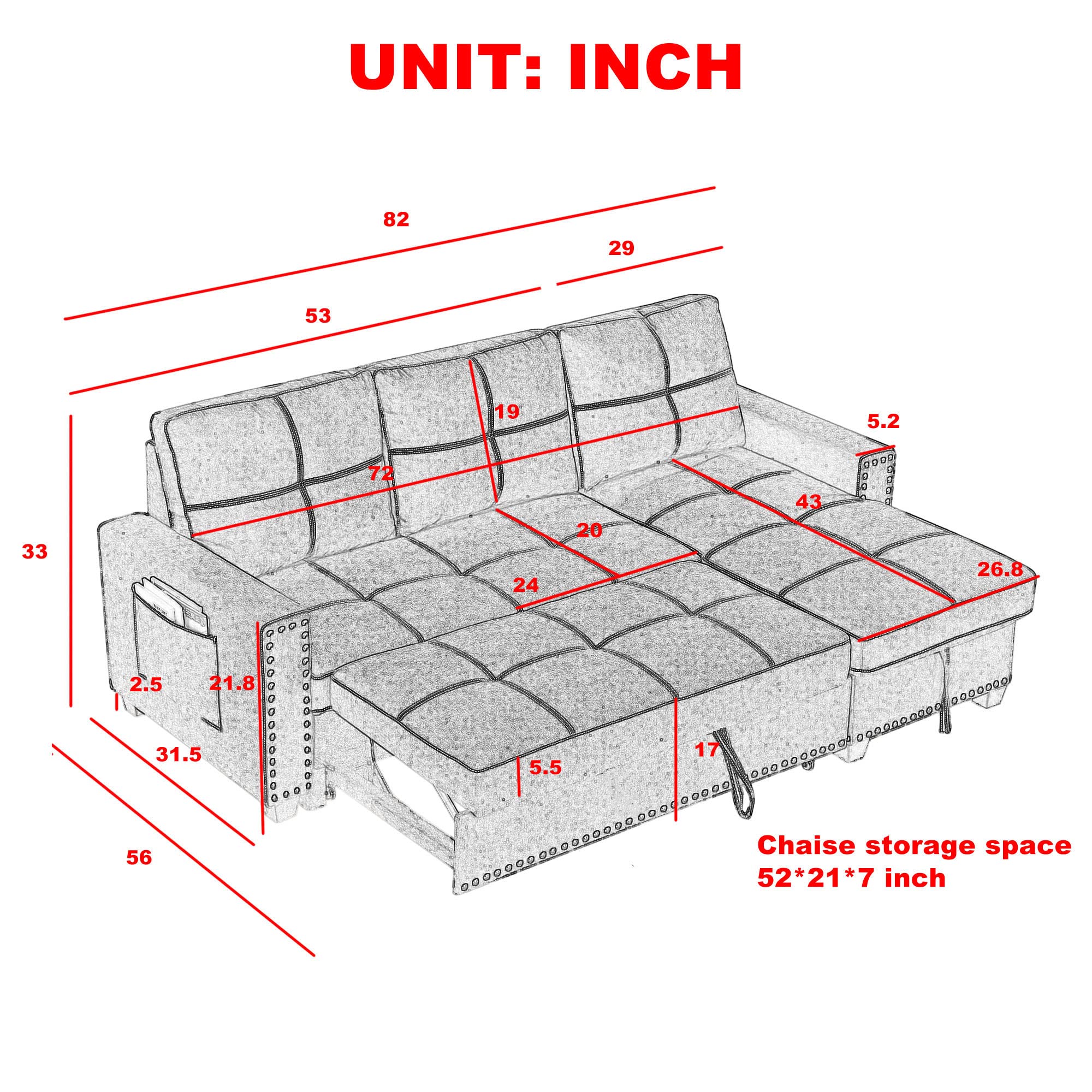 BIADNBZ 82" Modern Sleeper Sectional Sofa Bed with Reversible Storage Chaise Lounge，3-Seater Upholstered Couch with Side Pockets for Living Room Apartment,Pull-Out Design, Black