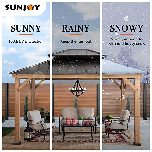 Sunjoy 11 x 13 ft. Wood Gazebo Cedar Framed Gaezbos with Black Double Steel Hardtop Roof for Garden, Backyard Shade
