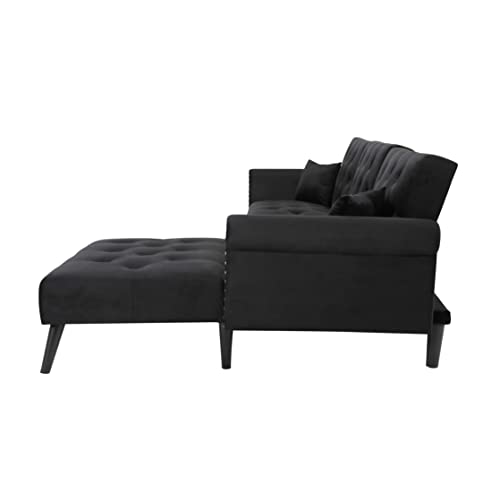 YUNLife&Home Velvet Convertible Sleeper Sofa Bed, Reversible Sectional L-Shaped Couch with 2 Pillows and Right Chaise Lounge for Living Room Apartment Office Studio Furniture Sets