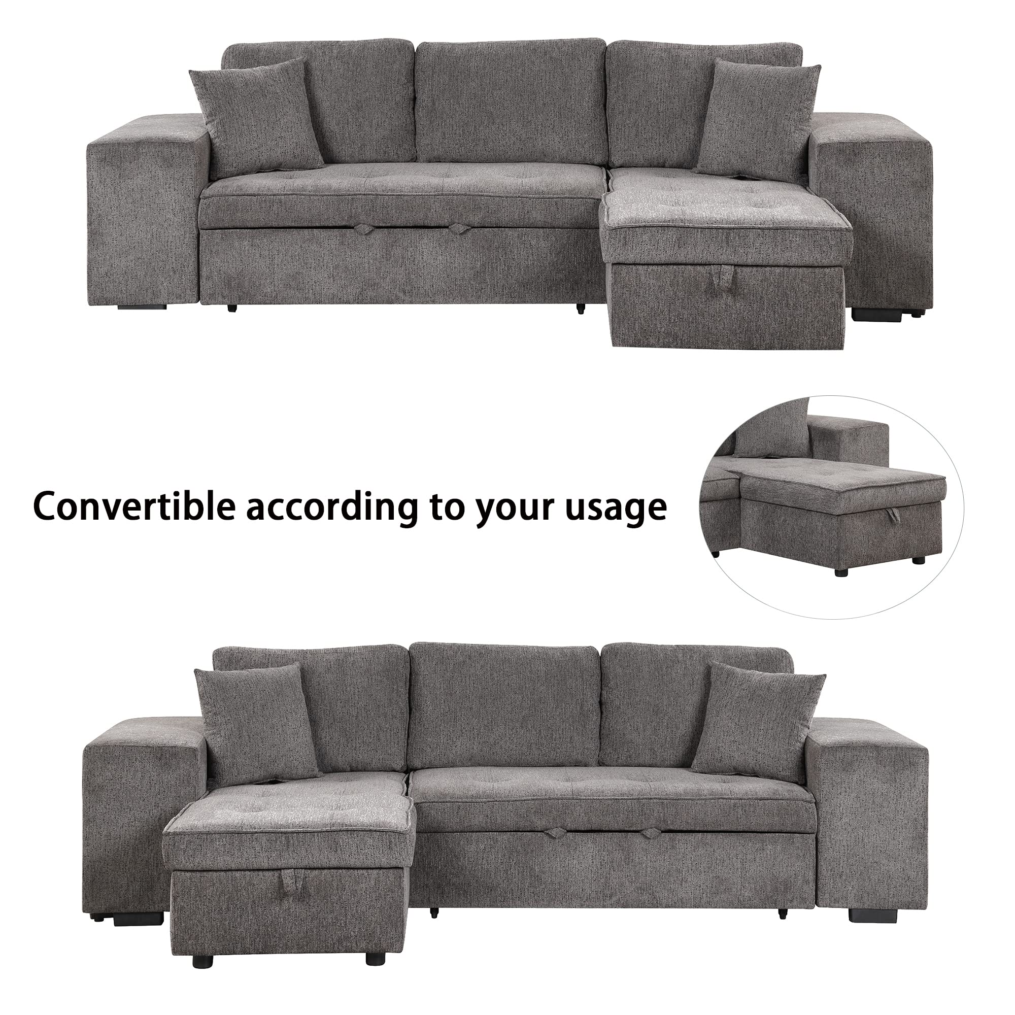 FANYE Corner Sectional Sleeper Reversible Storage Chaise, Modern Convertible Practical Sofa Pull Out Sleep Couch Bed for Home Apartment Office Sofabed, Charcoal Gray 2 Stools 104.5" W