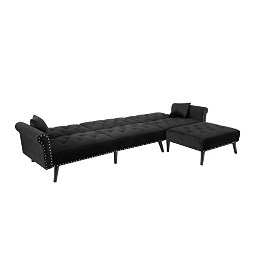 YUNLife&Home Velvet Convertible Sleeper Sofa Bed, Reversible Sectional L-Shaped Couch with 2 Pillows and Right Chaise Lounge for Living Room Apartment Office Studio Furniture Sets