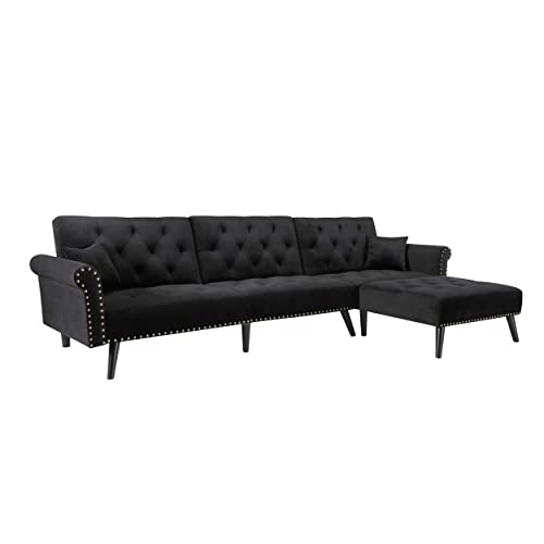 YUNLife&Home Velvet Convertible Sleeper Sofa Bed, Reversible Sectional L-Shaped Couch with 2 Pillows and Right Chaise Lounge for Living Room Apartment Office Studio Furniture Sets