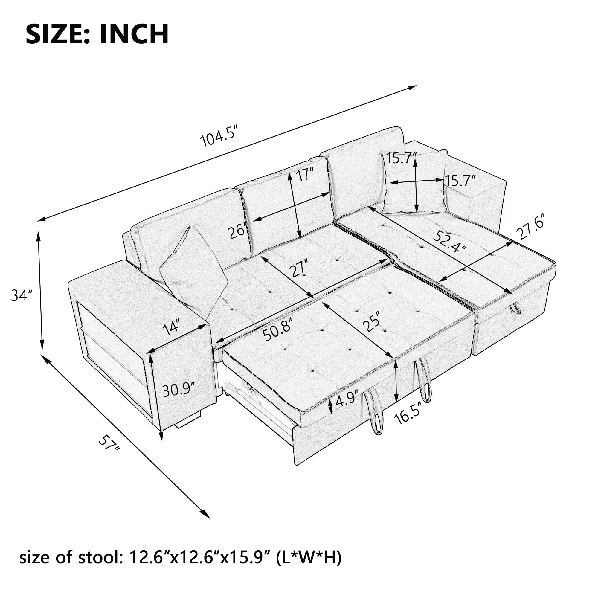 FANYE Corner Sectional Sleeper Reversible Storage Chaise, Modern Convertible Practical Sofa Pull Out Sleep Couch Bed for Home Apartment Office Sofabed, Charcoal Gray 2 Stools 104.5" W