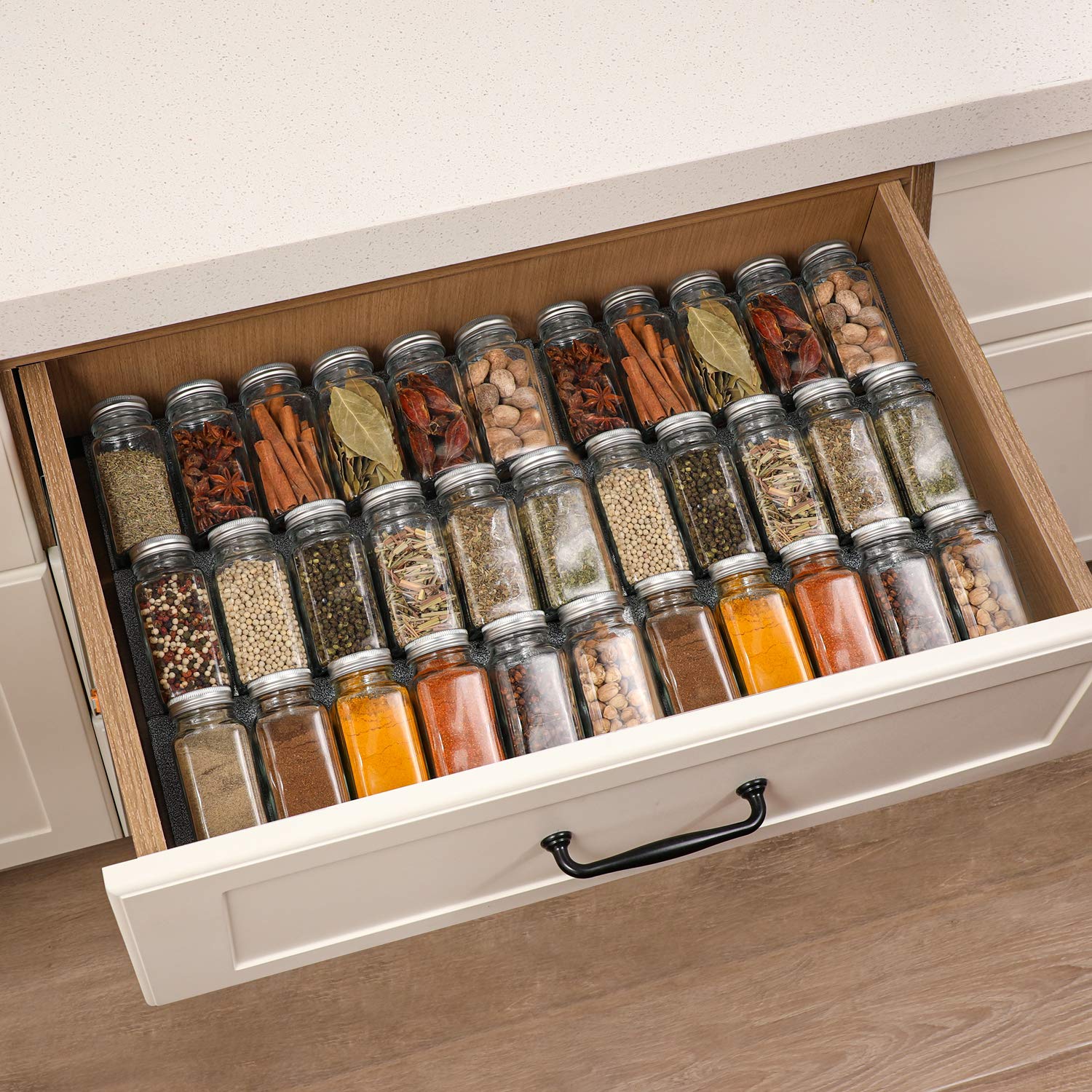 AOZITA 48 Pcs Glass Spice Jars/Bottles - 4oz Empty Square Spice Containers with Spice Labels - Shaker Lids and Airtight Metal Caps - Silicone Collapsible Funnel Included