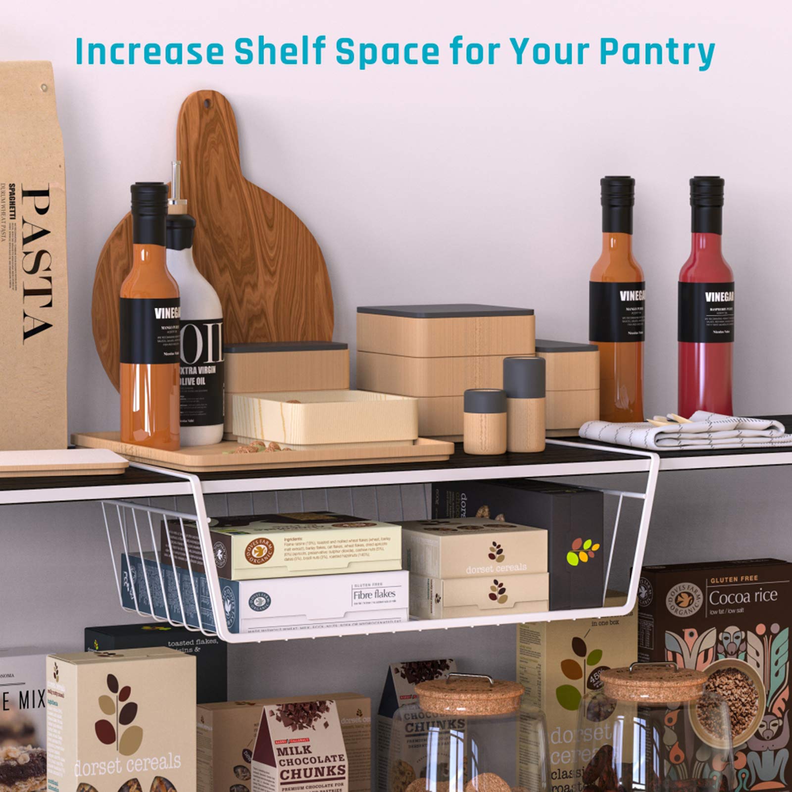 Hanging Under Shelf Storage Basket - iSPECLE 6 Pack Under Cabinet Desk Storage Shelf Organizer Sliding Pantry Organization and Storage for Kitchen Pantry Bookshelf, White