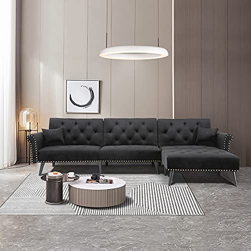 YUNLife&Home Velvet Convertible Sleeper Sofa Bed, Reversible Sectional L-Shaped Couch with 2 Pillows and Right Chaise Lounge for Living Room Apartment Office Studio Furniture Sets