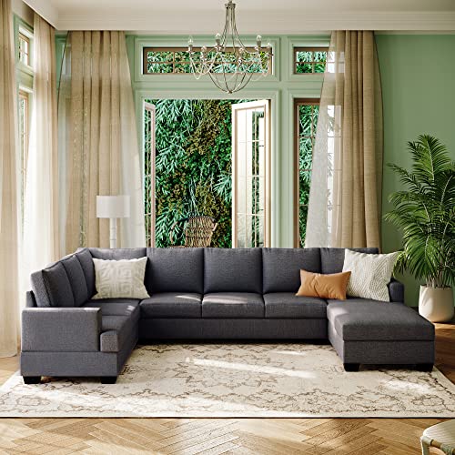 Verfur 125.6" U Shaped Sectional Chaise Lounge, Oversized Deep Seater Corner Sturdy Wood Legs and Frame, Linen Upholstered Sofa & Couches for Large Living Room Furniture, Gray NO Pillows
