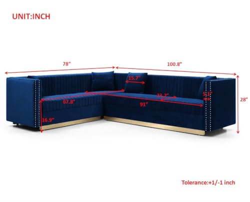 EMKK Modular Sectional Couch L Shaped Sofa with Ottoman,4 Pillows,Vertical Channel Tufted Velvet Sofá w/Wide Chaises,Upholstered Corner Sofa&Couch for Living Room Apartment, E-Blue