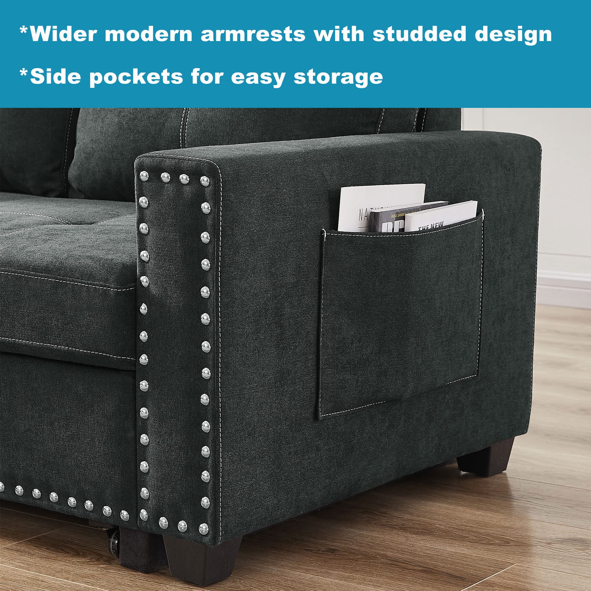 BIADNBZ 82" Modern Sleeper Sectional Sofa Bed with Reversible Storage Chaise Lounge，3-Seater Upholstered Couch with Side Pockets for Living Room Apartment,Pull-Out Design, Black
