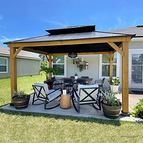 Sunjoy 11 x 13 ft. Wood Gazebo Cedar Framed Gaezbos with Black Double Steel Hardtop Roof for Garden, Backyard Shade