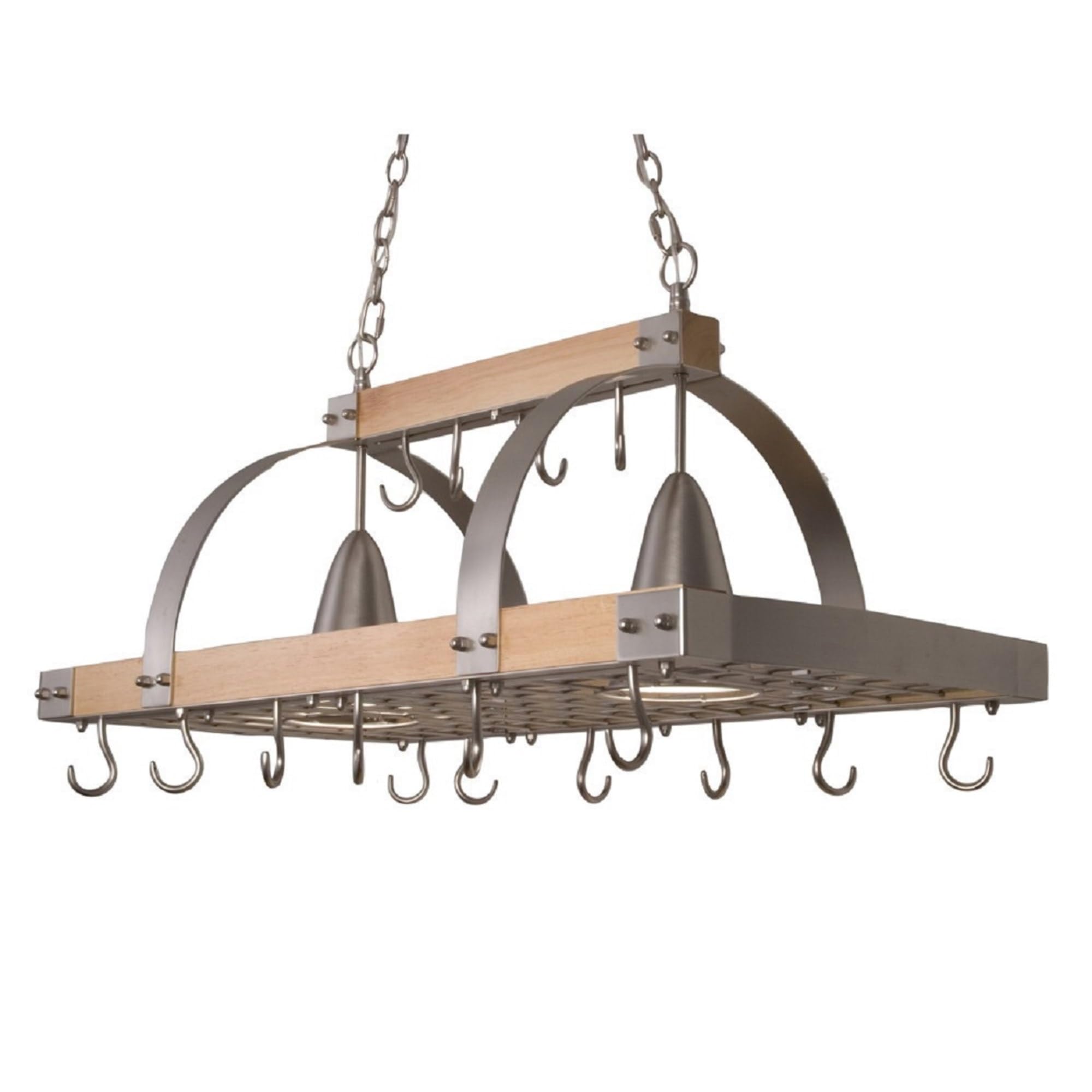 Elegant Designs PR1001-WOD 2 Light Kitchen Wood Pot Rack with Downlights, Wood with Brushed Nickel Accents