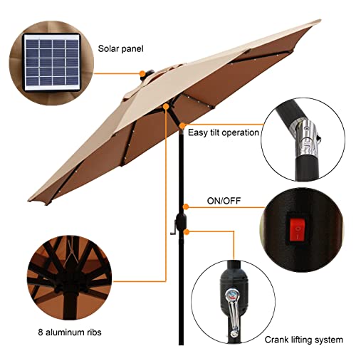 Blissun 9 ft Solar Umbrella, 32 LED Lighted Patio Umbrella, Table Market Umbrella, Outdoor Umbrella for Garden, Deck, Backyard, Pool and Beach (Tan)