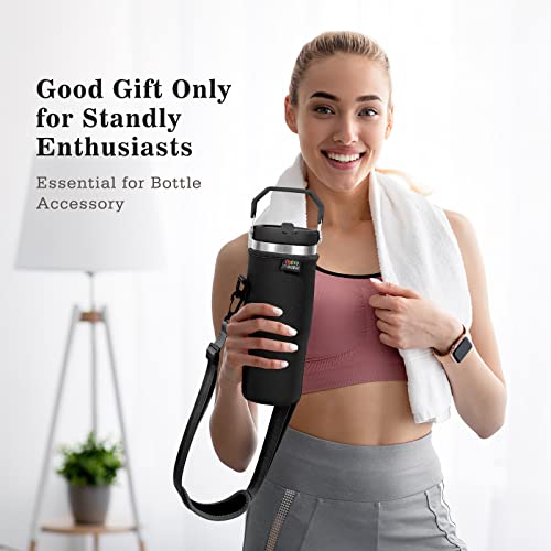 Nuovoware Water Bottle Carrier Bag Fits Stanley Flip Straw Tumbler, 30OZ Bottle Pouch Holder with Adjustable Shoulder Strap, Neoprene Water Bottle Holder for Hiking Travelling Camping, Black