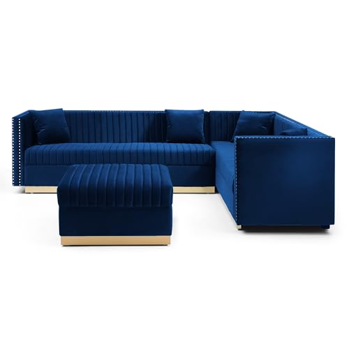 EMKK Modular Sectional Couch L Shaped Sofa with Ottoman,4 Pillows,Vertical Channel Tufted Velvet Sofá w/Wide Chaises,Upholstered Corner Sofa&Couch for Living Room Apartment, E-Blue