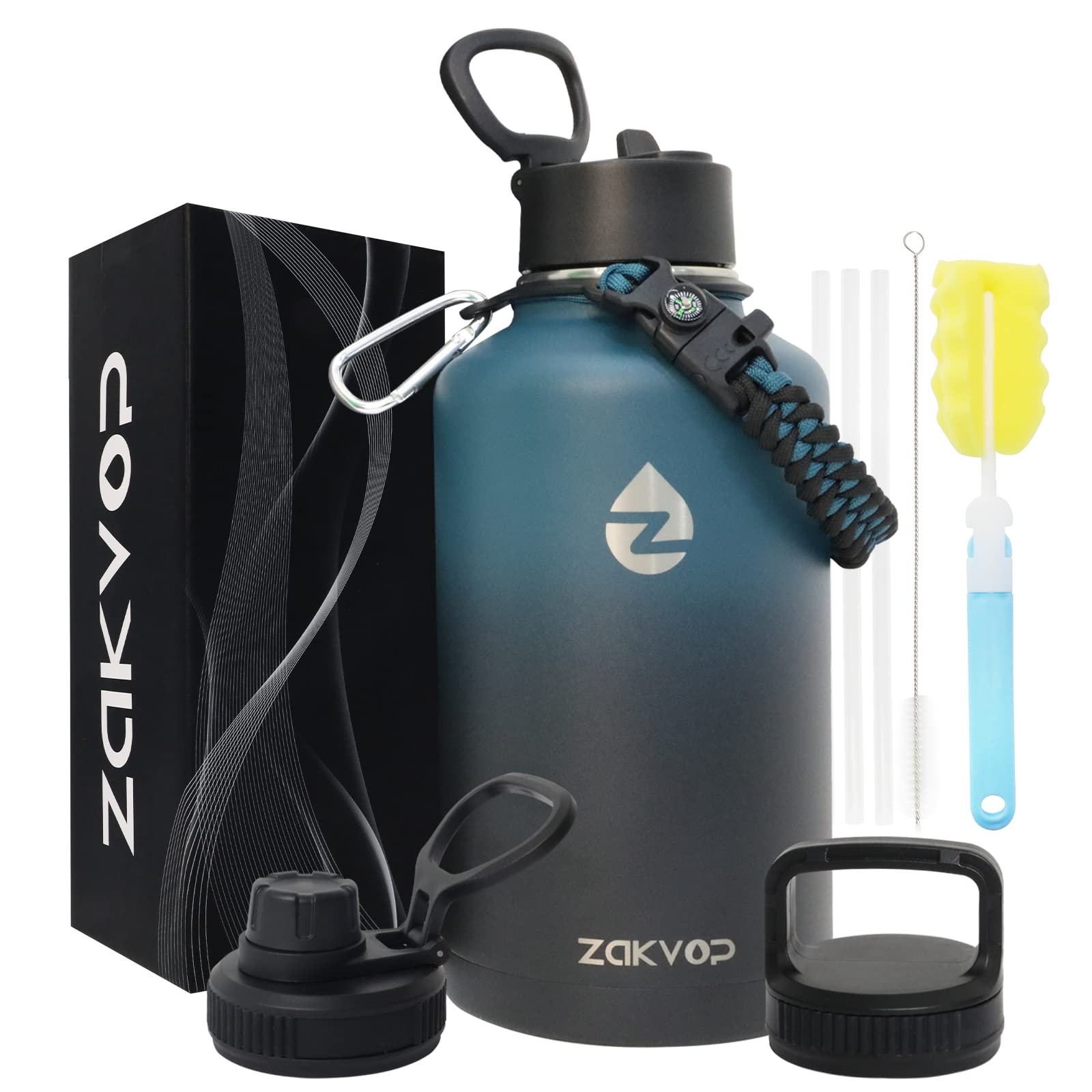 ZAKVOP 64 oz Insulated Water Bottle with Straws&3 Lids, Half Gallon Water Bottle Stainless Steel Double Walled, Big Water Jug with Paracord Handle, Large Metal Water Bottle for Gym