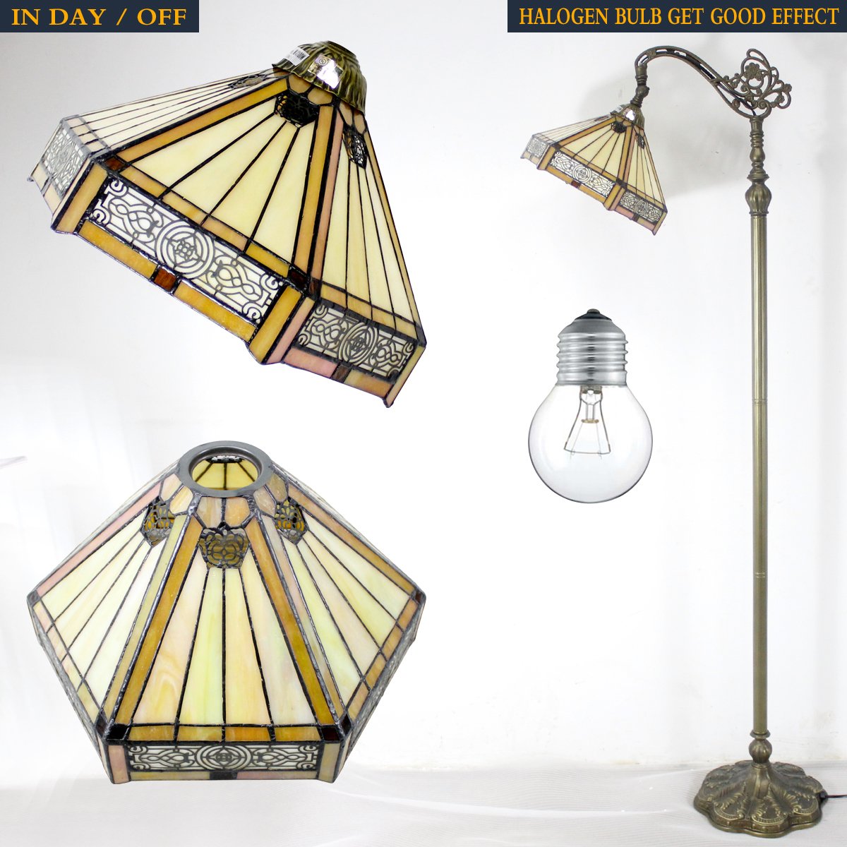 WERFACTORY Tiffany Floor Lamp Mission Hexagon Stained Glass Arched Lamp 12X18X64 Inches Gooseneck Adjustable Corner Standing Reading Light Decor Bedroom Living Room S011 Series