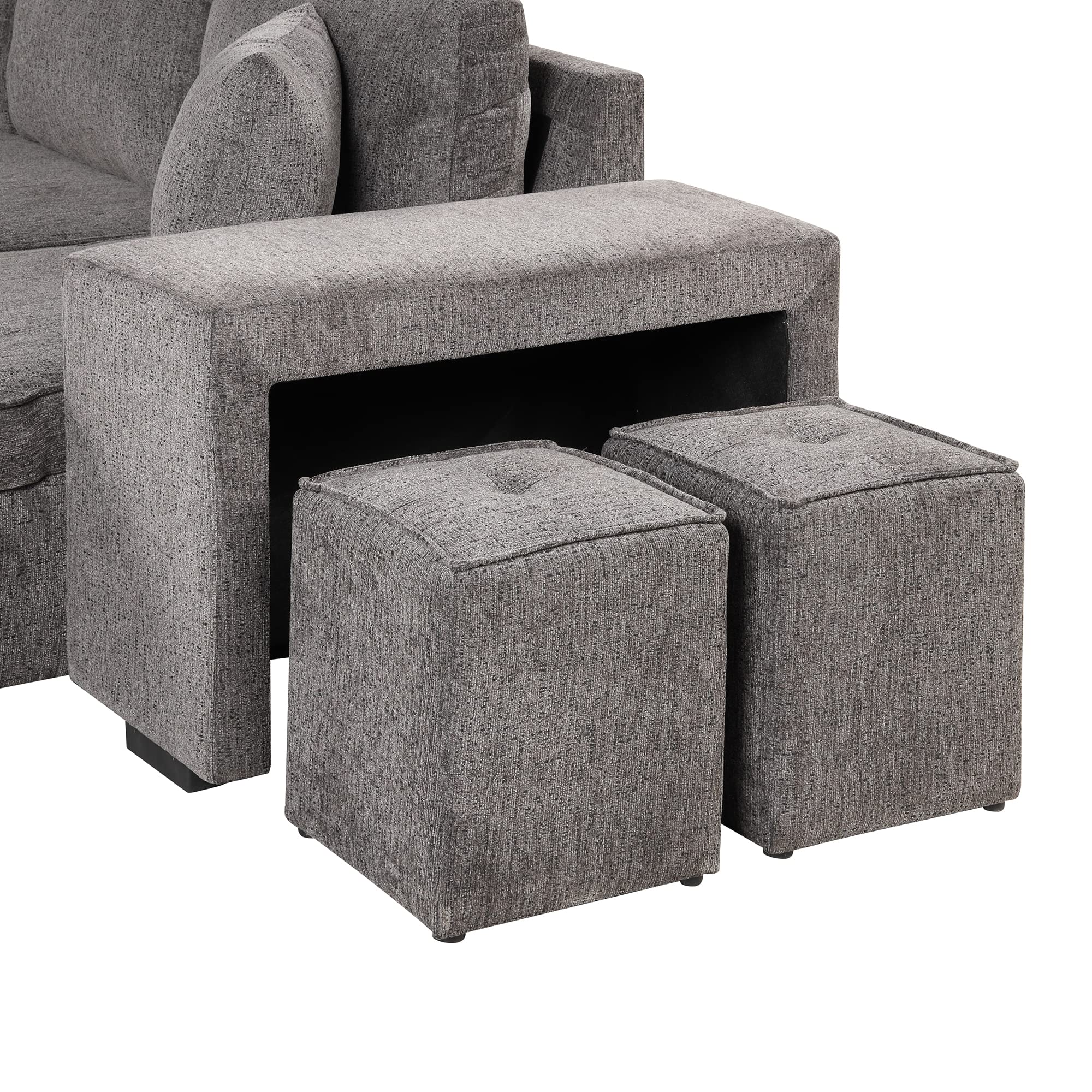 FANYE Corner Sectional Sleeper Reversible Storage Chaise, Modern Convertible Practical Sofa Pull Out Sleep Couch Bed for Home Apartment Office Sofabed, Charcoal Gray 2 Stools 104.5" W