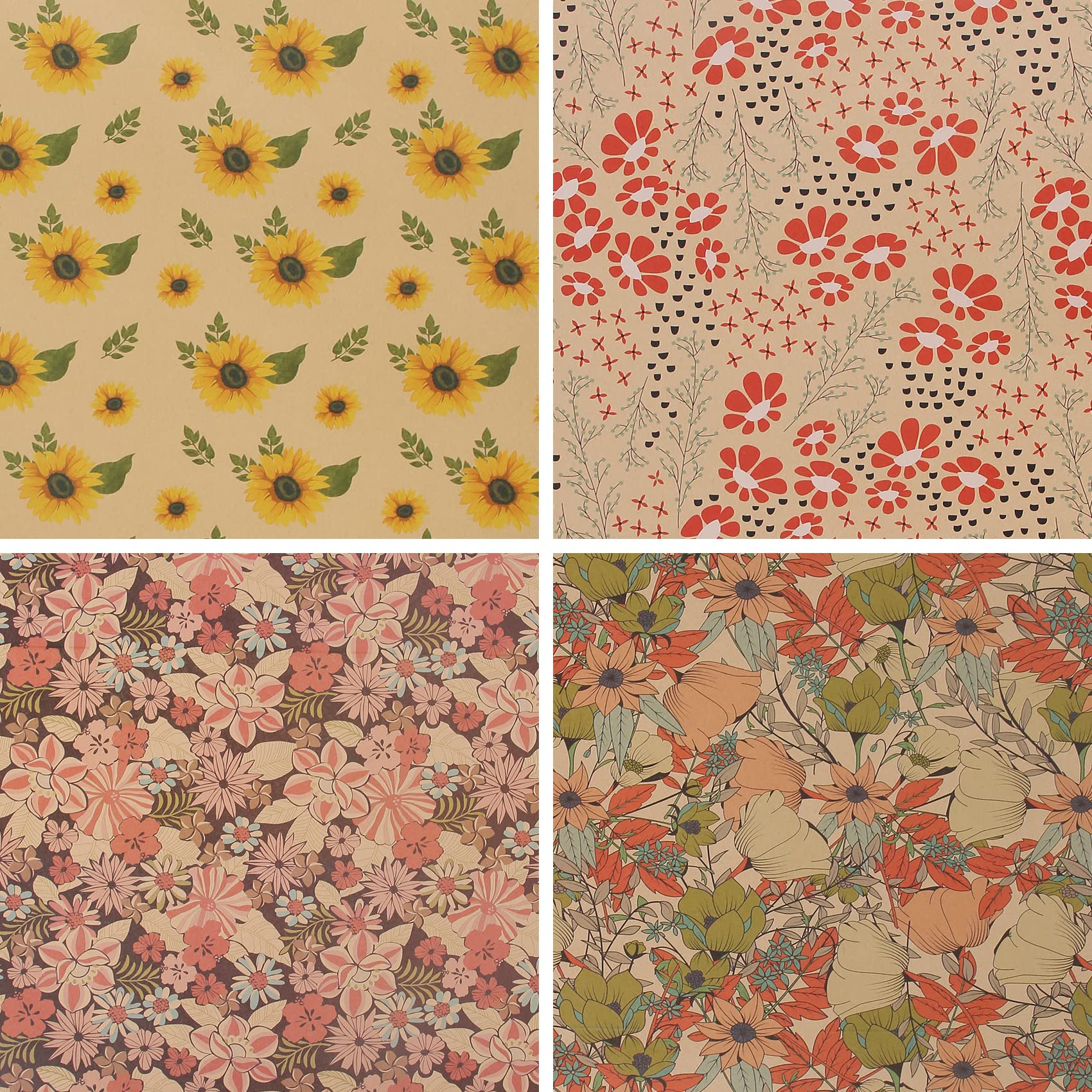 Aimyoo Kraft Floral Wrapping Paper Bundle, Vintage Sunflower Flower Gift Wrap Paper for Wedding Bridal Shower Birthday Rolls of 4, 17 in x 16 ft per Roll