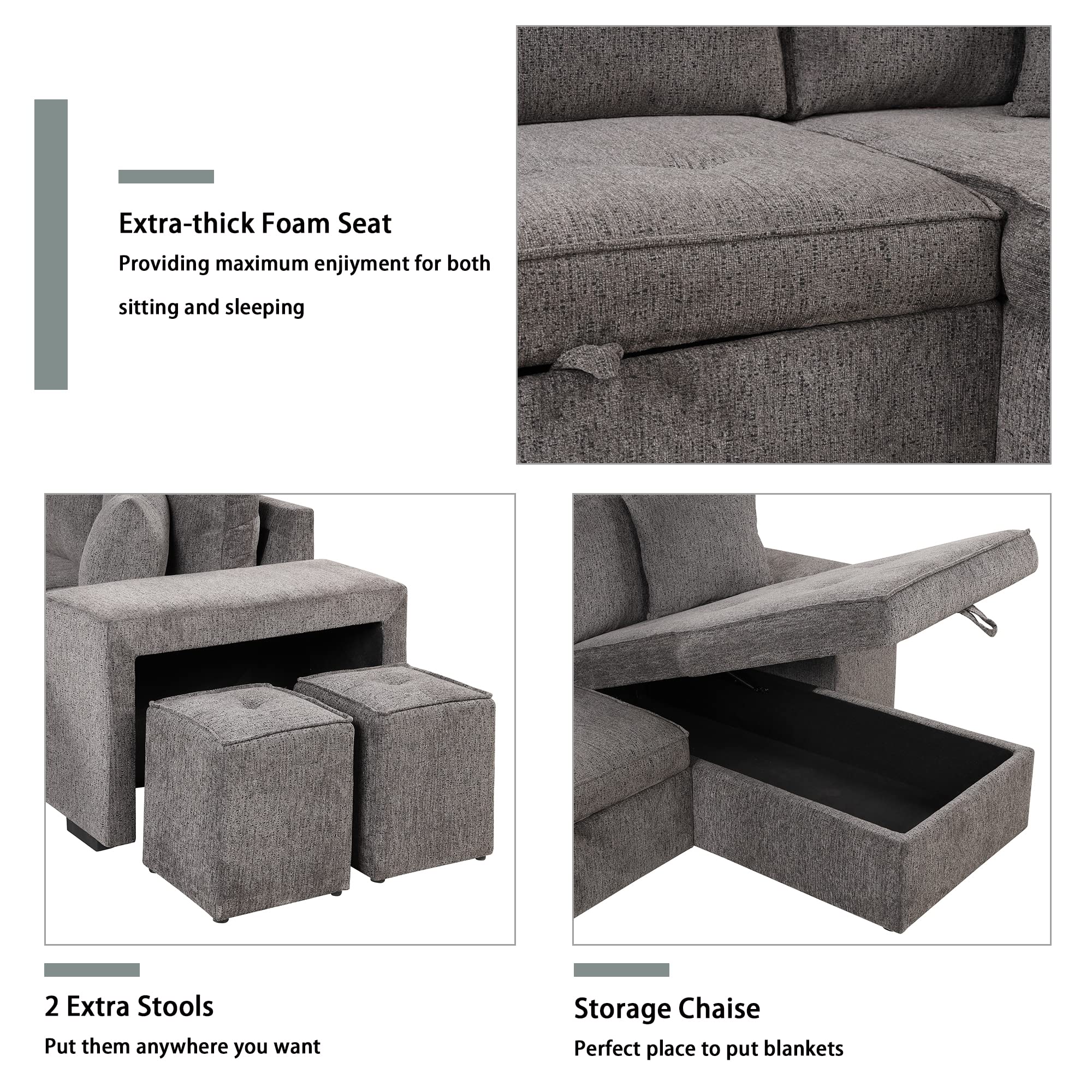 FANYE Corner Sectional Sleeper Reversible Storage Chaise, Modern Convertible Practical Sofa Pull Out Sleep Couch Bed for Home Apartment Office Sofabed, Charcoal Gray 2 Stools 104.5" W