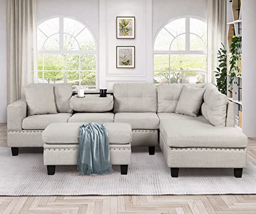 Eafurn L Shaped Sectional Reversible Chaise and Drop Down Table & Cupholders, Upholstery Corner Storage Ottoman, Tufted Convertible Sofa & Couch for Living Room Furniture Set, Gray