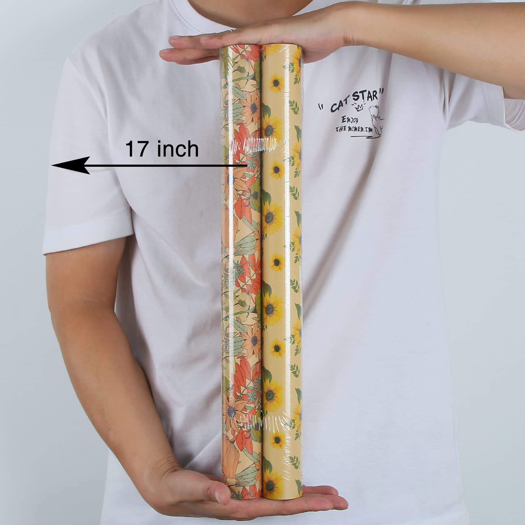 Aimyoo Kraft Floral Wrapping Paper Bundle, Vintage Sunflower Flower Gift Wrap Paper for Wedding Bridal Shower Birthday Rolls of 4, 17 in x 16 ft per Roll
