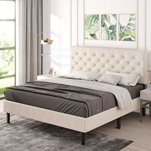 Catrimown Queen Size Upholstered Linen Platform Bed Frame with Button Tufted Headboard, Strong Wood Slat Support, Mattress Foundation, No Box Spring Needed, Easy Assembly, Beige