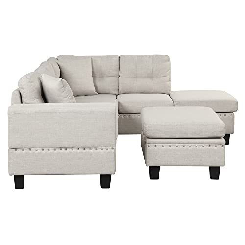 Eafurn L Shaped Sectional Reversible Chaise and Drop Down Table & Cupholders, Upholstery Corner Storage Ottoman, Tufted Convertible Sofa & Couch for Living Room Furniture Set, Gray