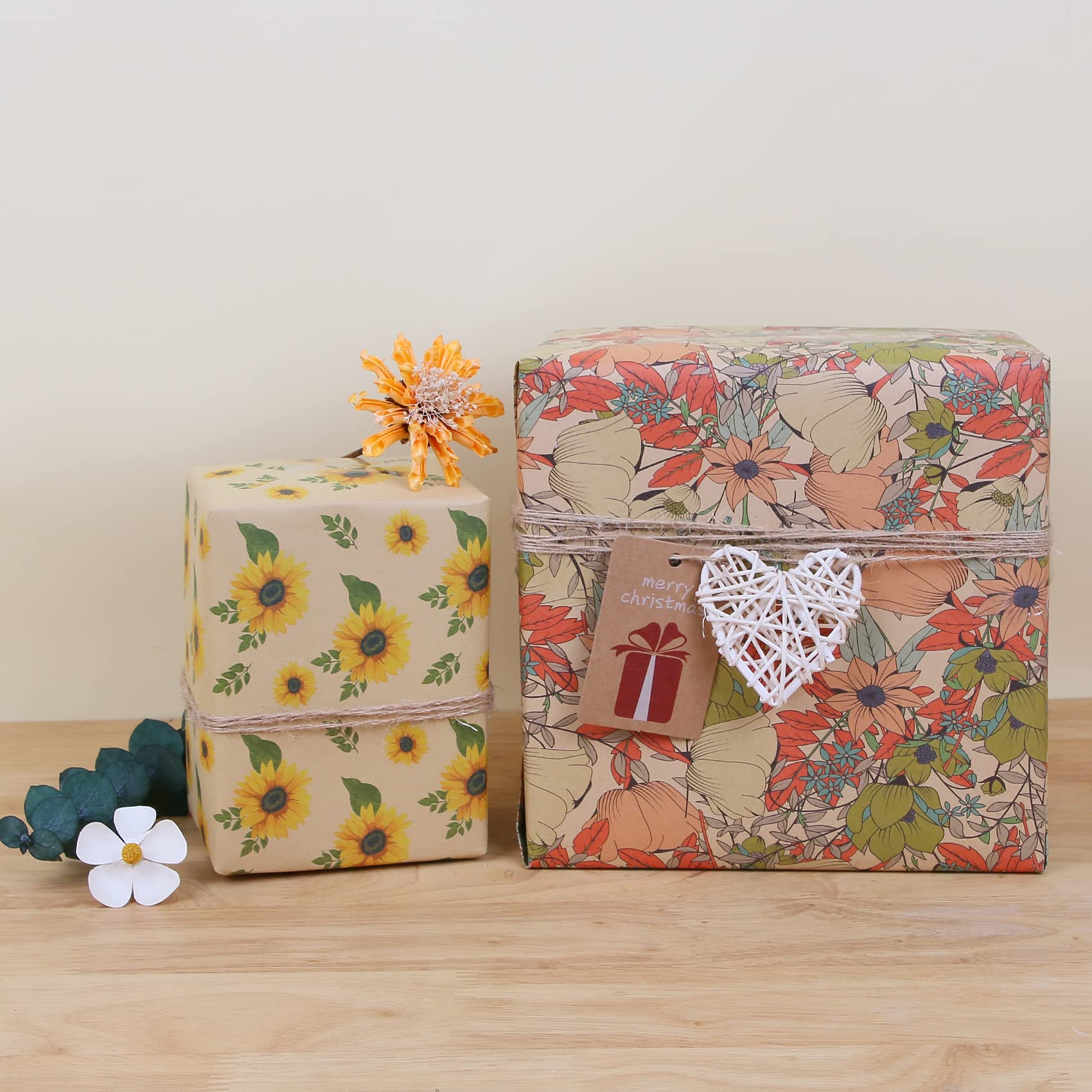 Aimyoo Kraft Floral Wrapping Paper Bundle, Vintage Sunflower Flower Gift Wrap Paper for Wedding Bridal Shower Birthday Rolls of 4, 17 in x 16 ft per Roll