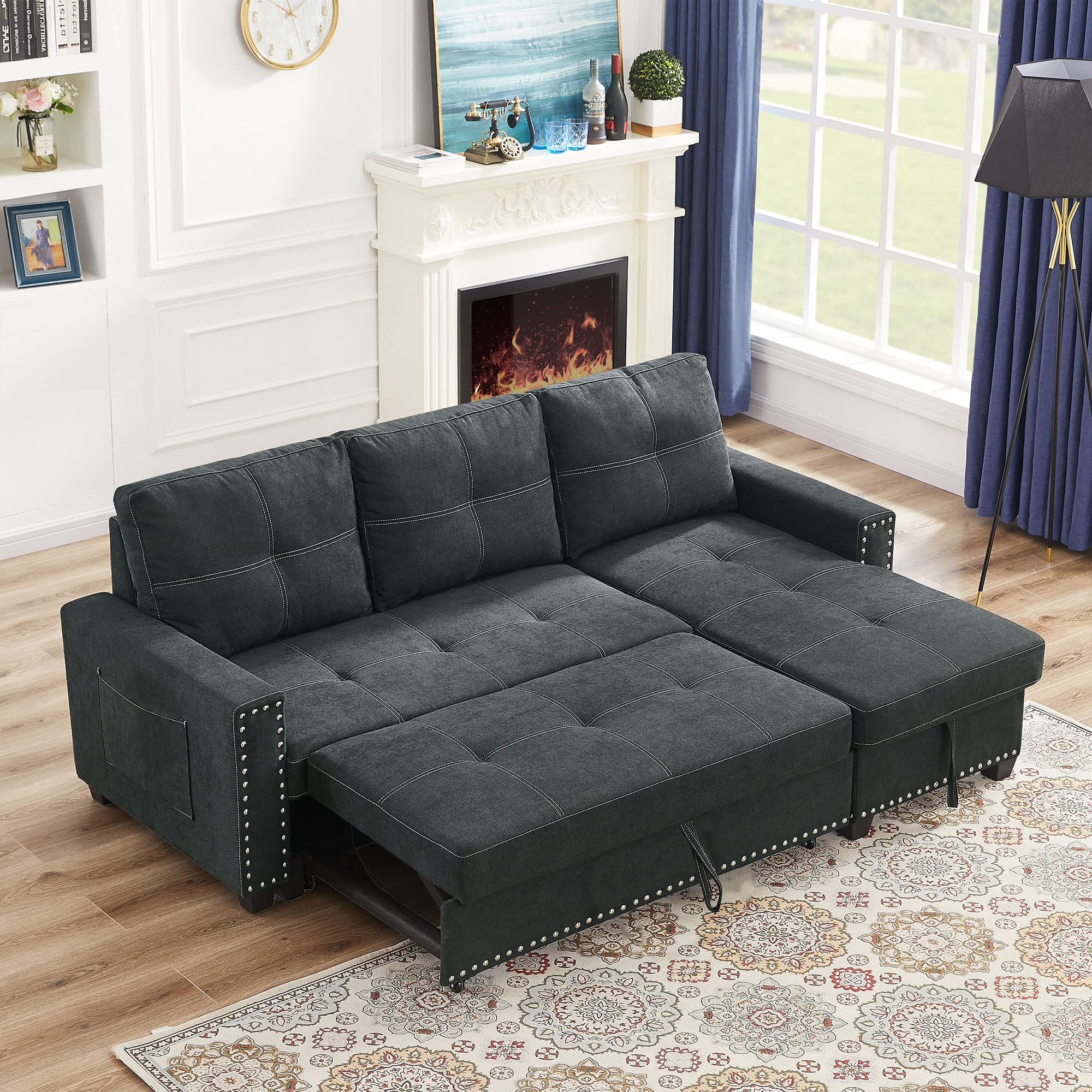 BIADNBZ 82" Modern Sleeper Sectional Sofa Bed with Reversible Storage Chaise Loungeļ¼3-Seater Upholstered Couch with Side Pockets for Living Room Apartment,Pull-Out Design, Black