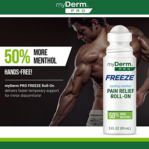 Myderm PRO Freeze Roll-On, 3 fl oz - Extra Strength 6% Menthol - ICY Roller for Elbows, Joints & Muscles - Hands-Free Topical Support - Made in The USA