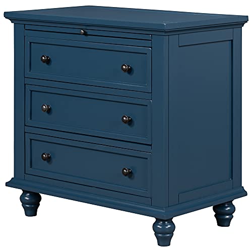 Knocbel 3-Drawer Nightstand with Pull-Out Tray, Wooden Bedside Night Stand Sofa Side End Table with Legs, 110lbs Weight Capacity, 28.1" H x 28" W x 16.9" D (Blue)