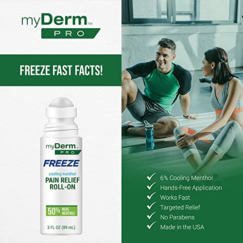 Myderm PRO Freeze Roll-On, 3 fl oz - Extra Strength 6% Menthol - ICY Roller for Elbows, Joints & Muscles - Hands-Free Topical Support - Made in The USA
