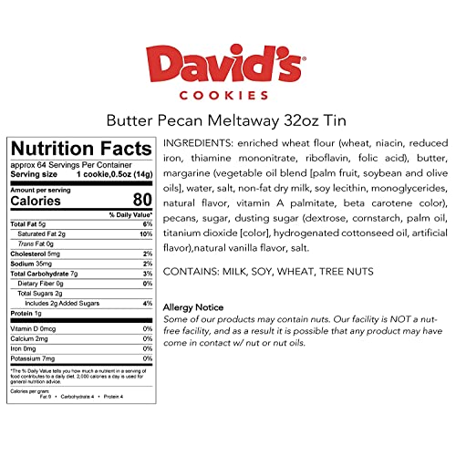David's Cookies Gourmet Butter Pecan Meltaway with Crunchy Pecans and Powdered Sugar, All-Natural Ingredients, Kosher, Ideal Present for Special Occasions, 32 Fl Oz, Pack of 2