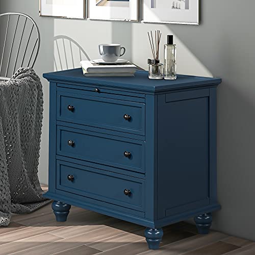 Knocbel 3-Drawer Nightstand with Pull-Out Tray, Wooden Bedside Night Stand Sofa Side End Table with Legs, 110lbs Weight Capacity, 28.1" H x 28" W x 16.9" D (Blue)