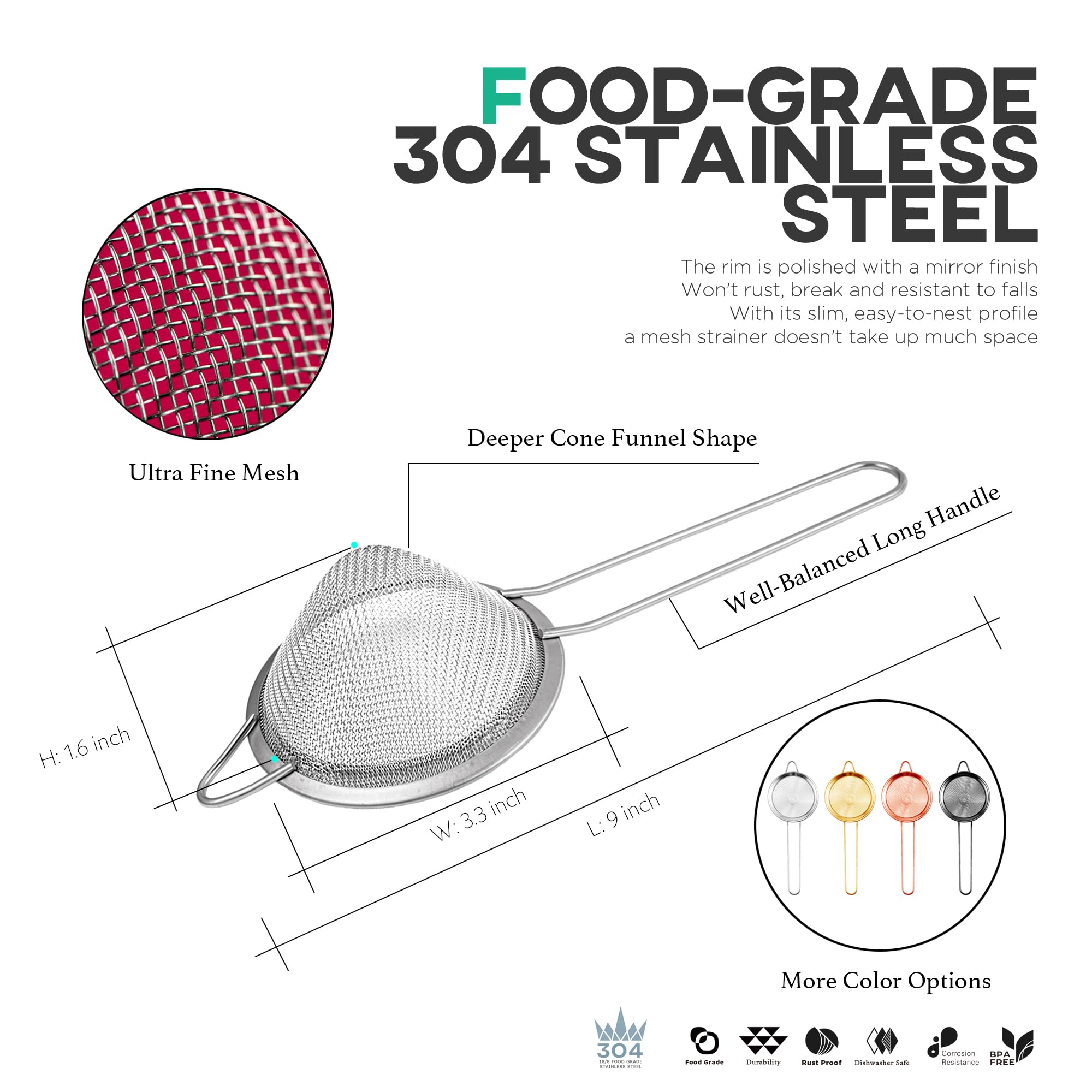 Fine Mesh Sieve Strainer Stainless Steel Cocktail Strainer Food Strainers Tea Strainer Coffee Strainer with Long Handle for Double Straining Utensil 3.3 inch by Homestia