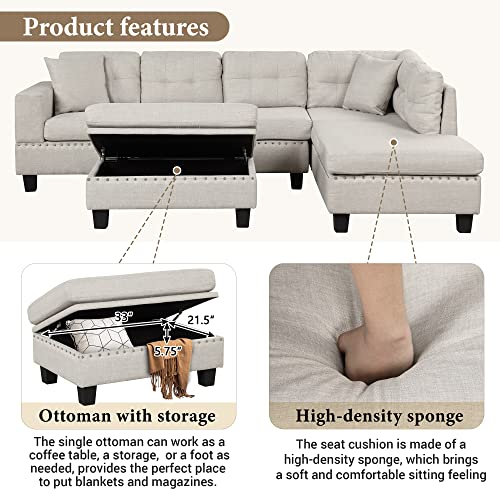 Eafurn L Shaped Sectional Reversible Chaise and Drop Down Table & Cupholders, Upholstery Corner Storage Ottoman, Tufted Convertible Sofa & Couch for Living Room Furniture Set, Gray