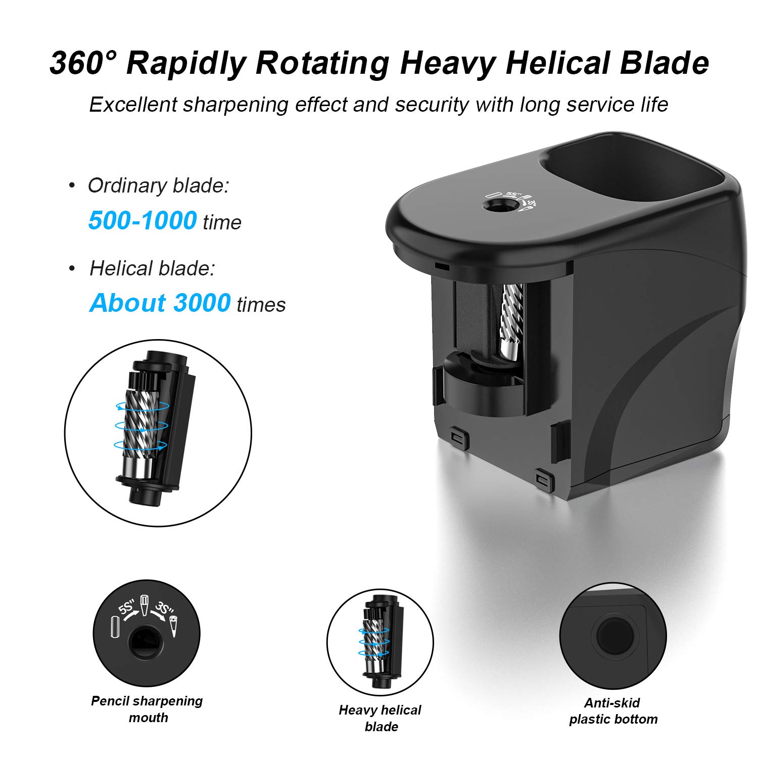 Electric Pencil Sharpener Heavy-Duty Helical Blade Sharpener with Adapter/Battery Operated for No.2/ (6-8mm) Pencils with Auto Stop & Cleaning Brush in School/Classroom/Office (Black)