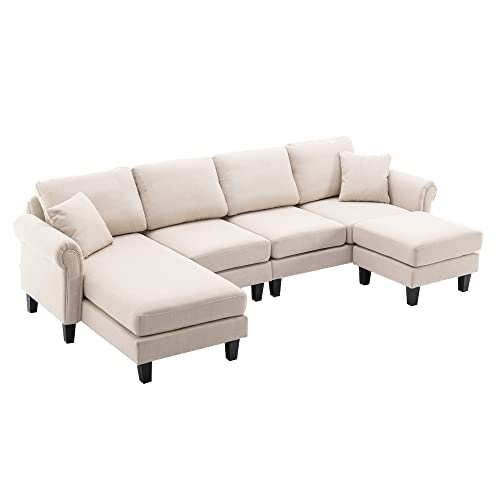Eafurn U-Shaped Sectional Sofa w/Chaise Lounge and Movable Ottoman,108.66" Convertible Corner Couch,5 Seater Linen Upholstery Sofa&Couches with 2 Pillows for Living Room Furniture Sets, Beige