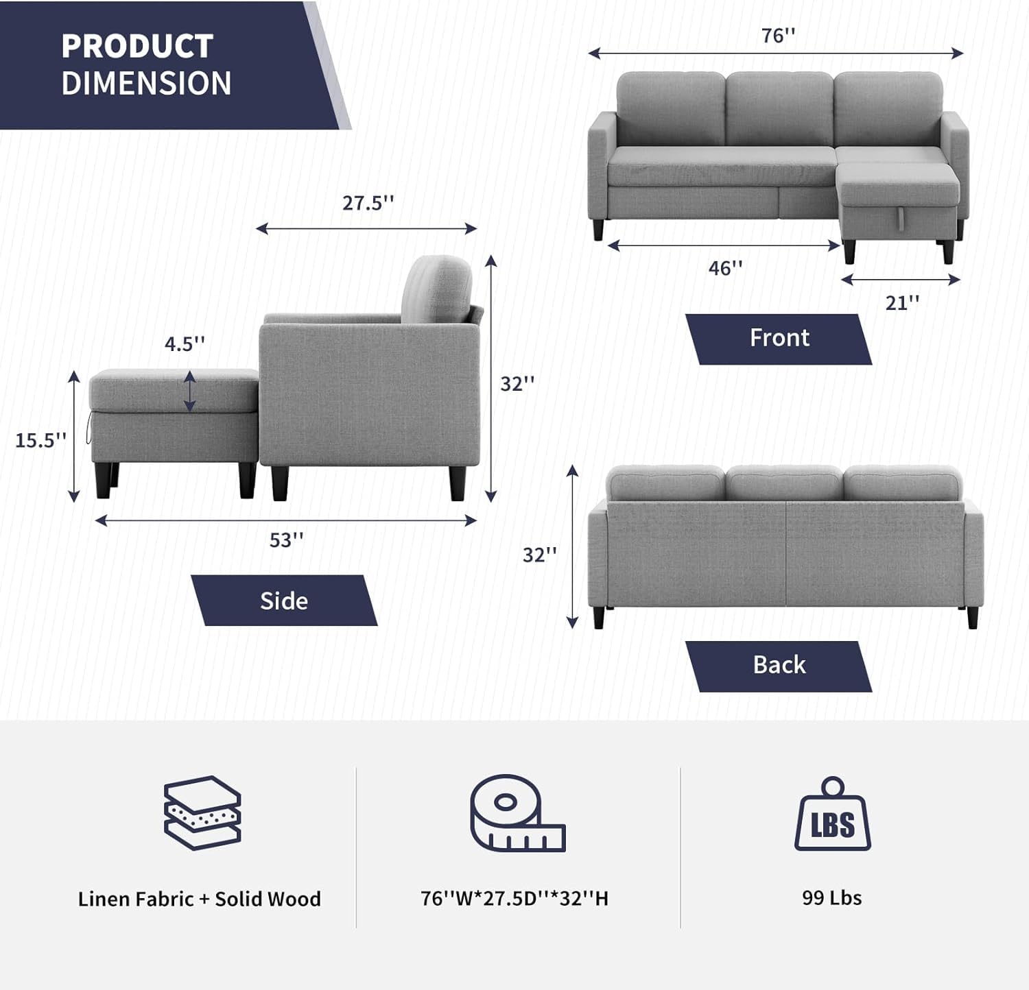 ijuicy Convertible Sectional Couch Sofas, Light Grey