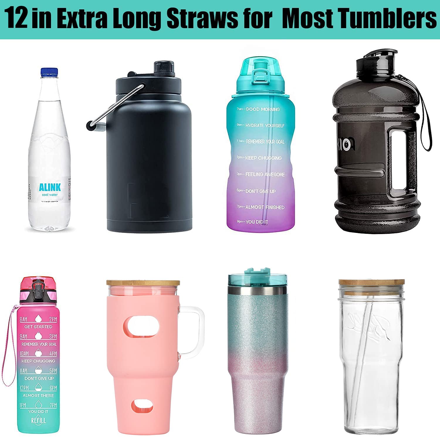 ALINK 10 Pack Silicone Replacement Straws for Stanley 40 oz 30 oz Tumbler, 12 in Long Reusable Clear Straws for Stanley Cup Accessories, Half Gallon Jug, Plus 2 Cleaning Brush