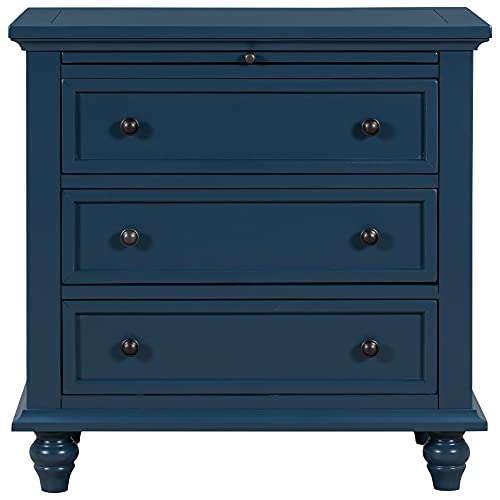 Knocbel 3-Drawer Nightstand with Pull-Out Tray, Wooden Bedside Night Stand Sofa Side End Table with Legs, 110lbs Weight Capacity, 28.1" H x 28" W x 16.9" D (Blue)