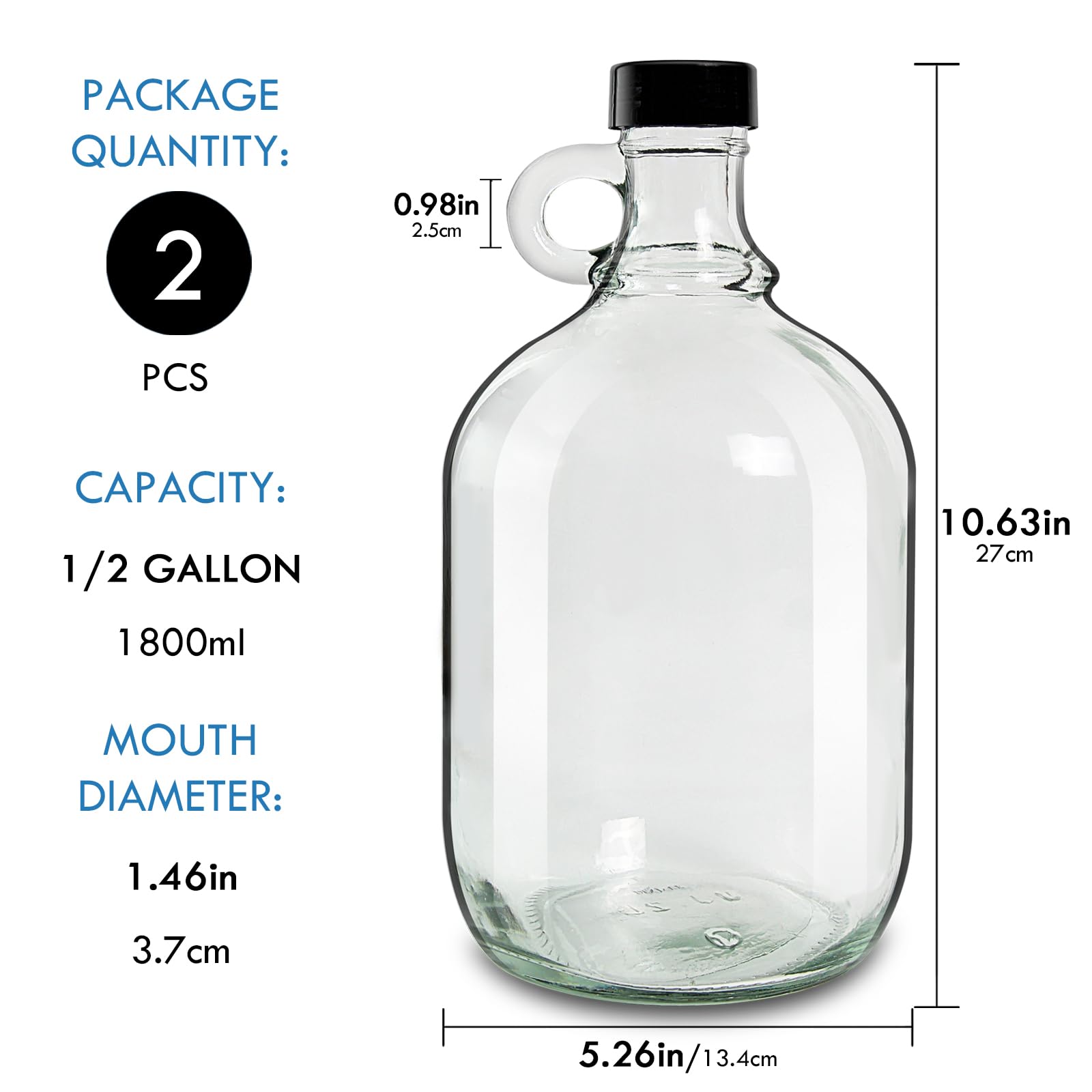 DESIYUE 2 Pack 64oz Glass Gallon Jugs with Handle and Black Plastic Lids, Half-Gallon, Gallon Glass Fermenting Jug, Glass Water Jug for Kombucha, Home Brew, Vanilla Extract, Beer, Soda,Cider (Clear)