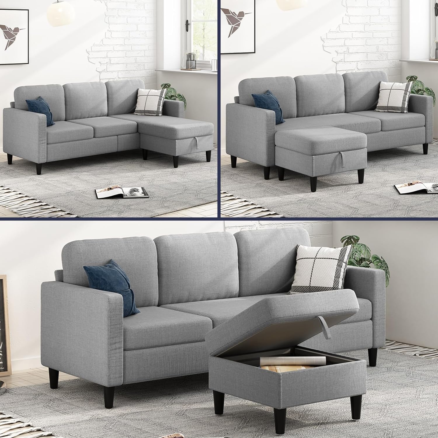 ijuicy Convertible Sectional Couch Sofas, Light Grey