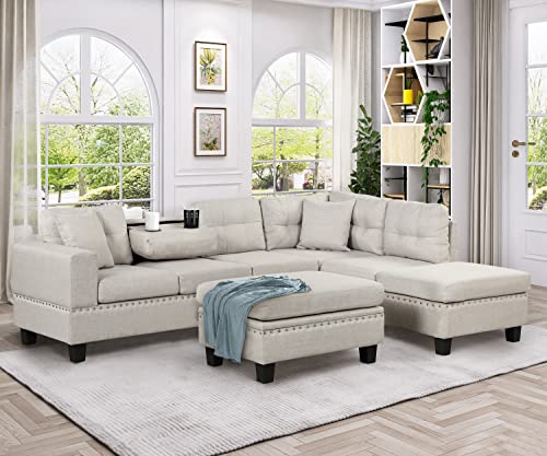Eafurn L Shaped Sectional Reversible Chaise and Drop Down Table & Cupholders, Upholstery Corner Storage Ottoman, Tufted Convertible Sofa & Couch for Living Room Furniture Set, Gray