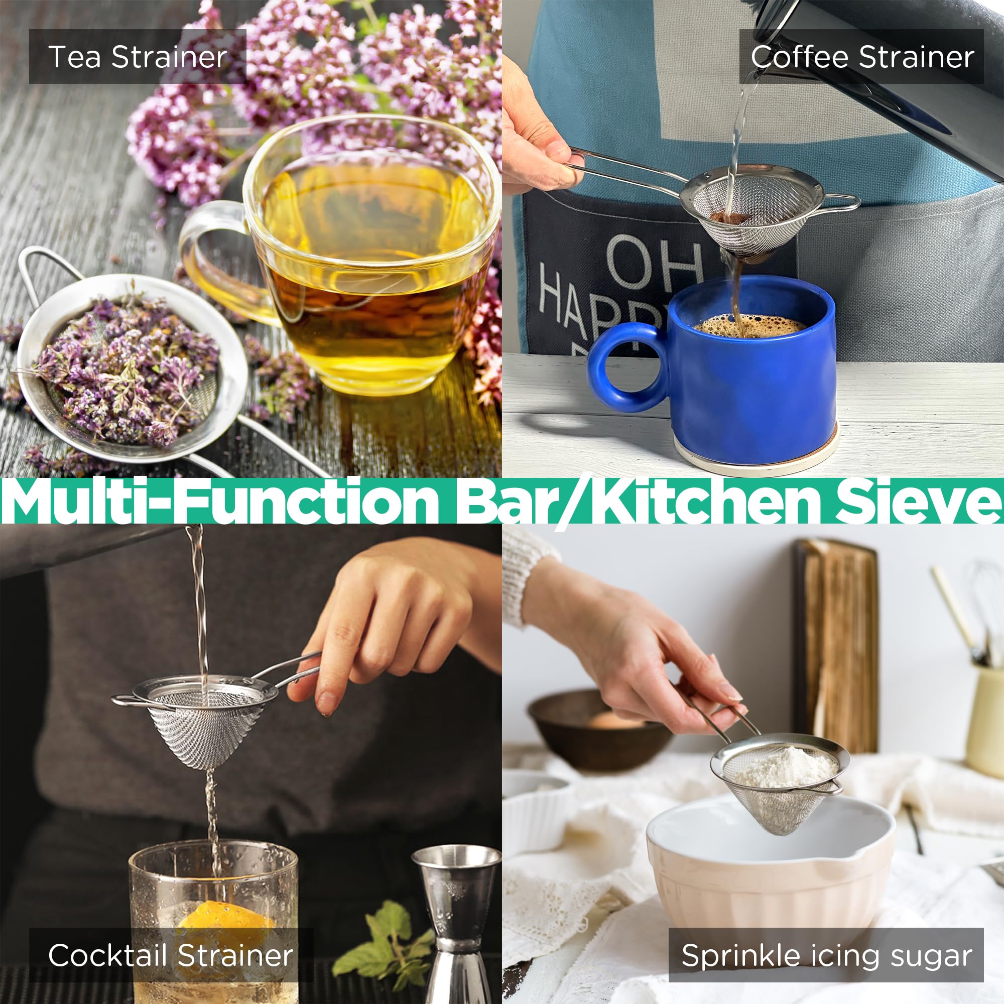 Fine Mesh Sieve Strainer Stainless Steel Cocktail Strainer Food Strainers Tea Strainer Coffee Strainer with Long Handle for Double Straining Utensil 3.3 inch by Homestia
