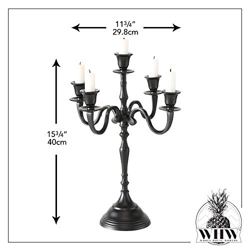 WHW Whole House Worlds Hamptons Five Candle Candelabra, Rustic Black Finish, Centerpiece, Hand Crafted of Cast Aluminum Nickel, Over 1 FT High, (15 3/4 Inches)