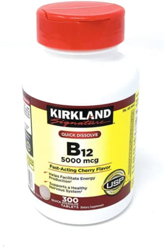 ONFIPOK Kirkland-Signature Vitamin B12 5000 Mcg, Supplements,300 Tablets-Support More Quick Dissolve,Cherry Flavor,Benefit Brain & Heart Function (Pack of 1)