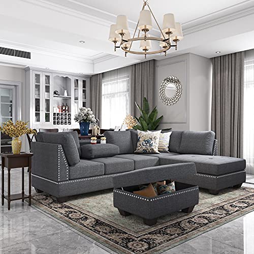 Verfur Fabric Upholstery Convertible Sectional Sofa with Reversible Chaise, L Shaped Couch with Storage Ottoman and 2 Cup Holders Corner, Gray Linen